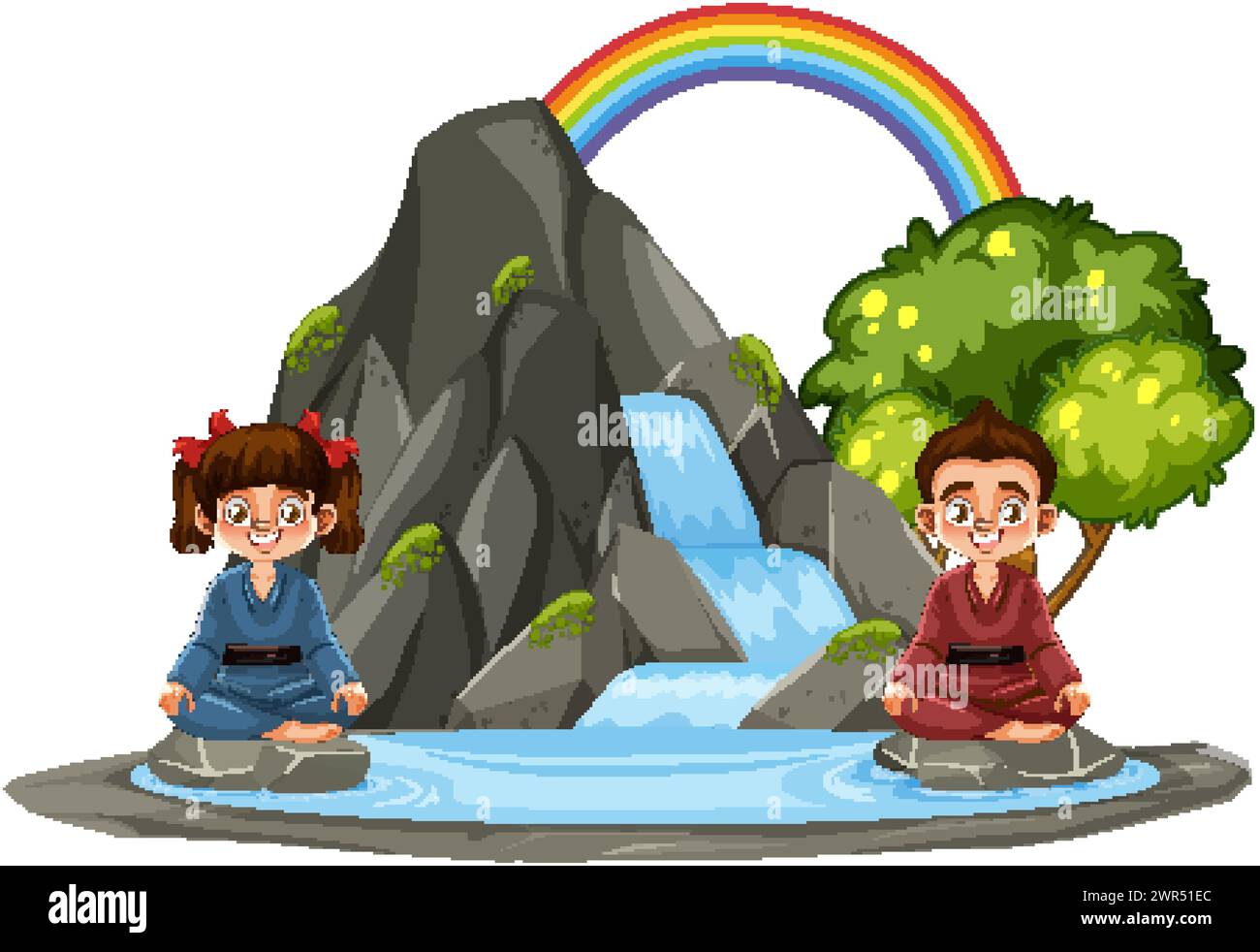 Two kids meditating by a waterfall with a rainbow Stock Vector Image ...