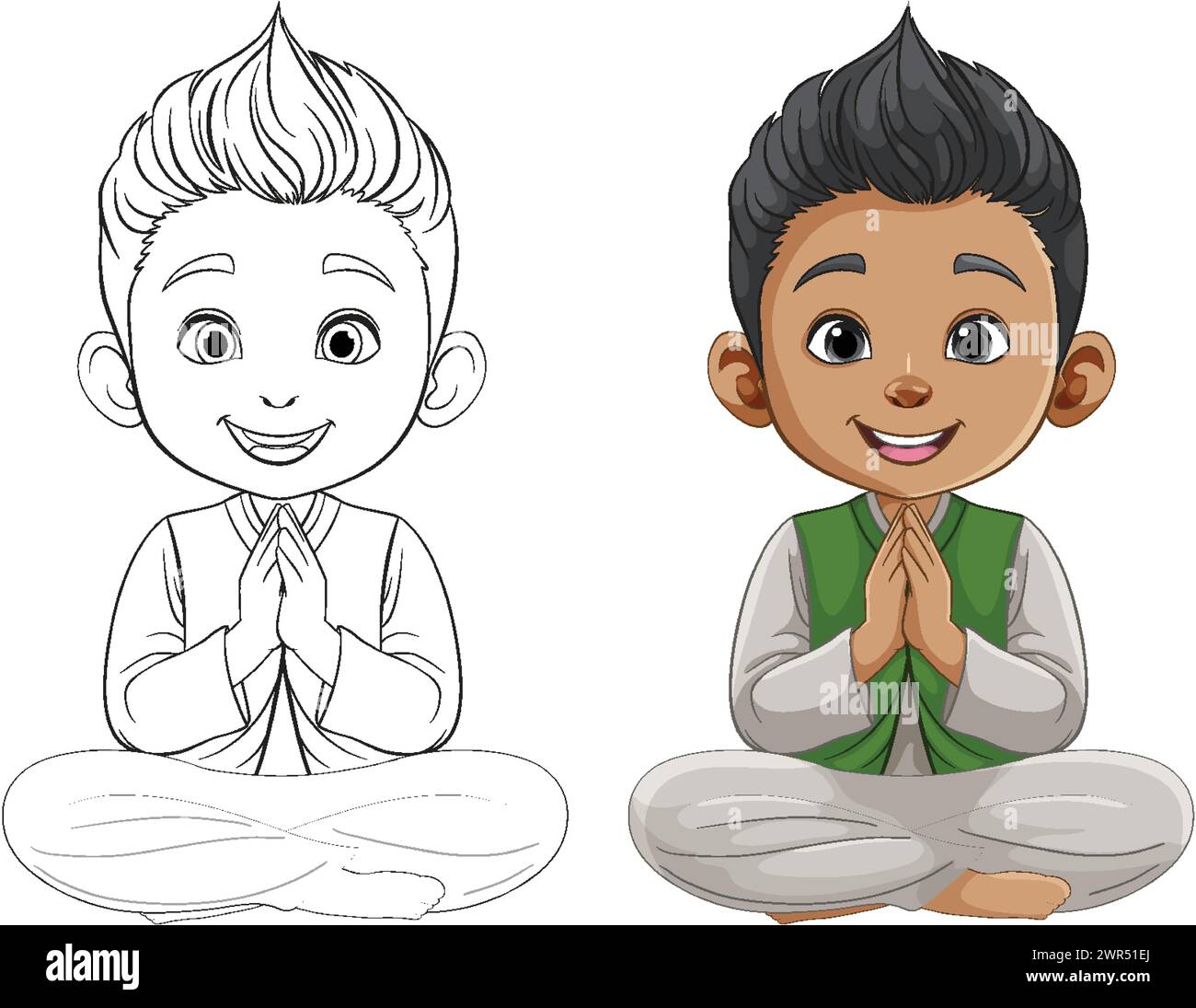 Colorful and outlined illustrations of a meditating child Stock Vector ...