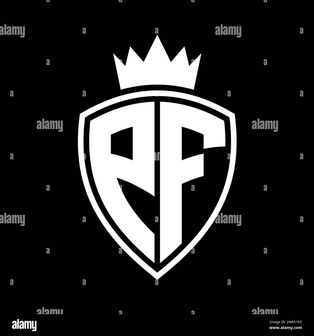 PF Letter bold monogram with shield and crown outline shape with black and white color design ...