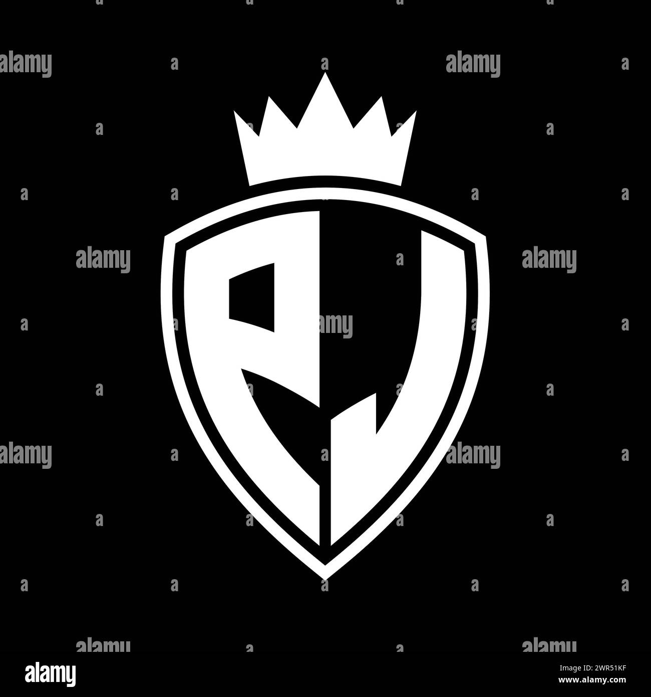 PJ Letter bold monogram with shield and crown outline shape with black ...