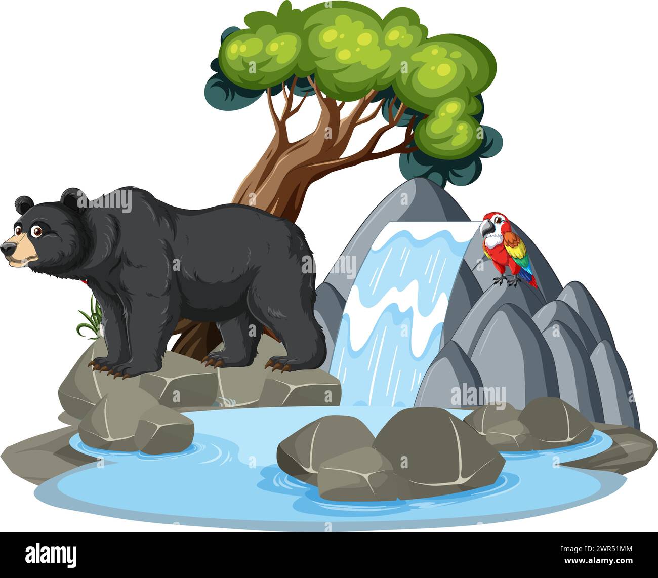 Illustration of a bear and parrot near a waterfall Stock Vector Image ...