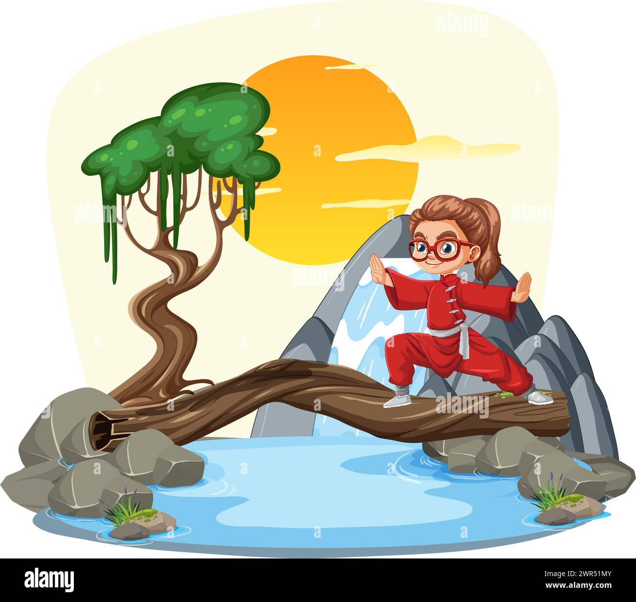 Cartoon kid crossing a river on a log bridge Stock Vector Image & Art ...