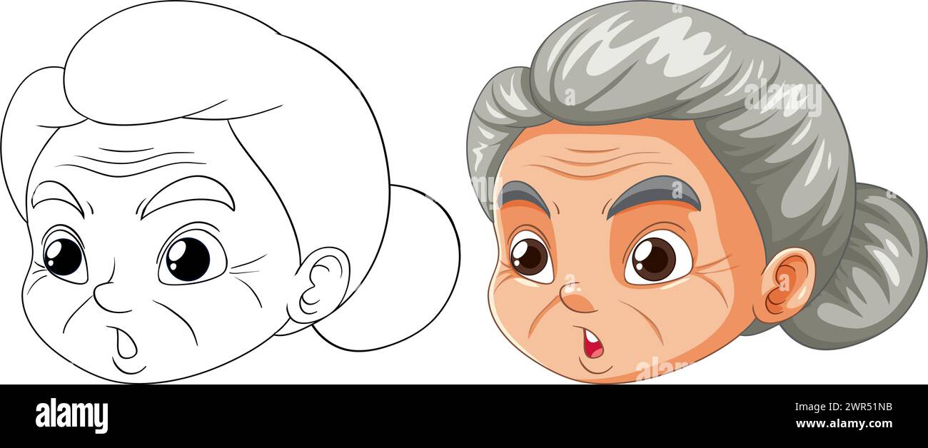 Vector illustration of an elderly woman's face, colored and line art ...