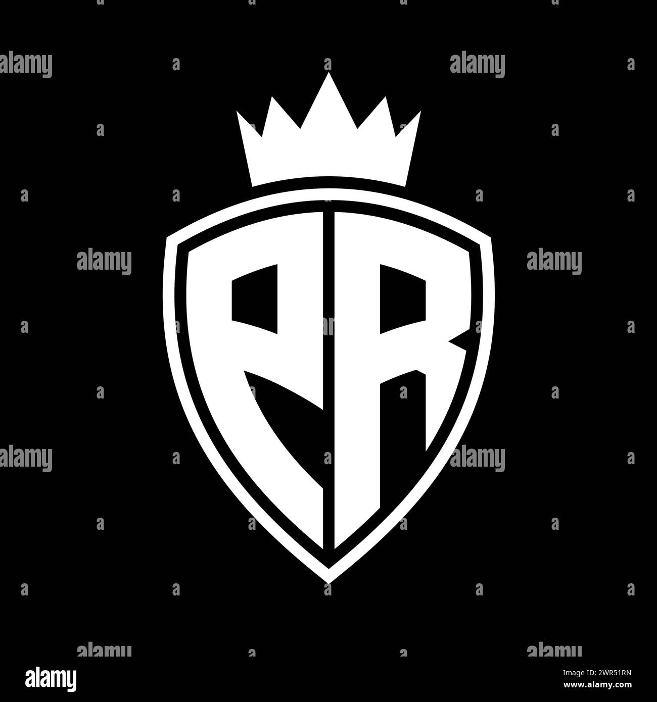 PR Letter bold monogram with shield and crown outline shape with black ...