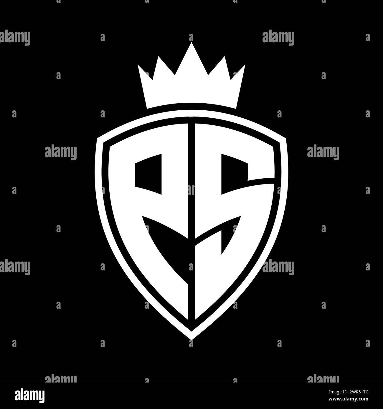 PS Letter bold monogram with shield and crown outline shape with black and white color design ...