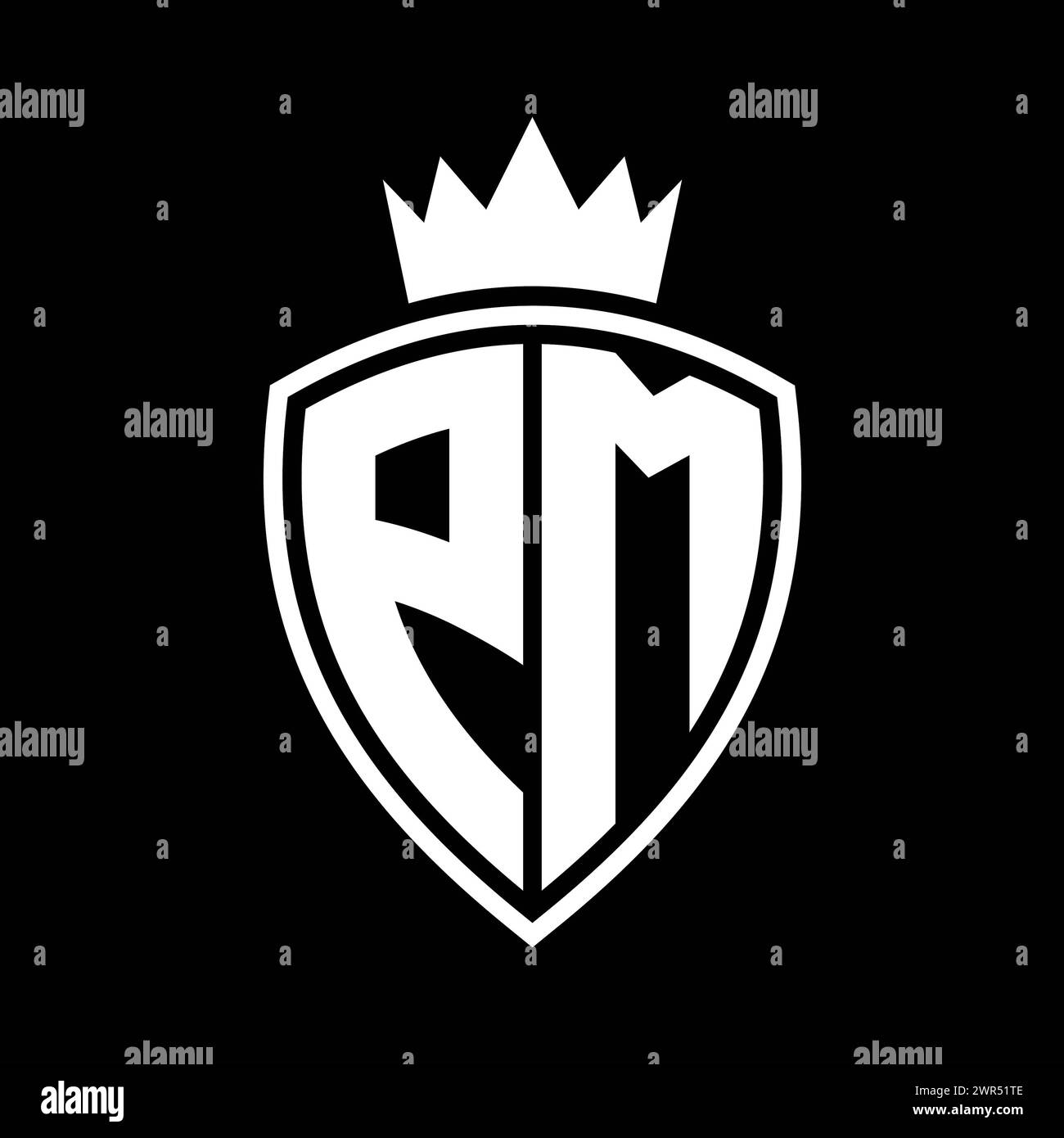 PM Letter bold monogram with shield and crown outline shape with black ...