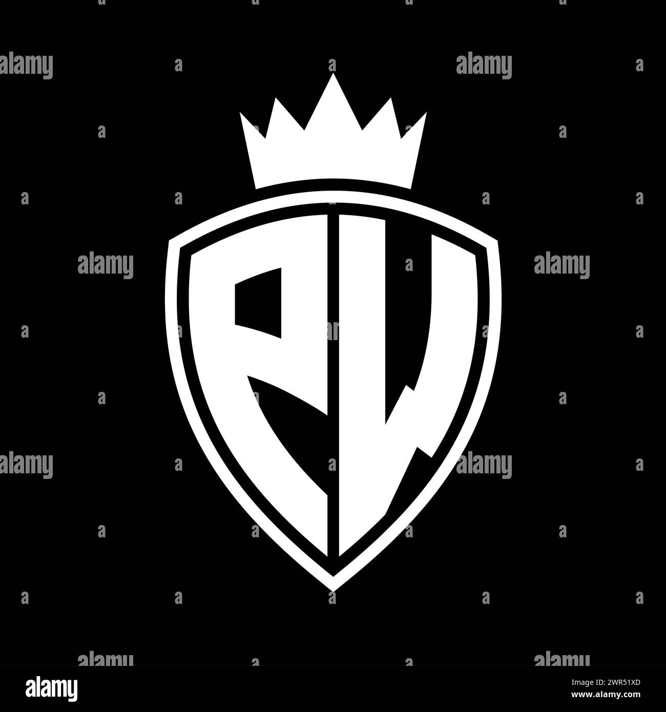 PW Letter bold monogram with shield and crown outline shape with black ...