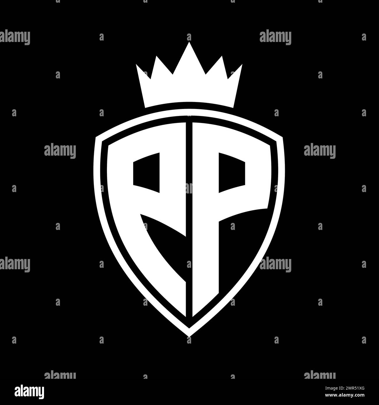 PP Letter bold monogram with shield and crown outline shape with black ...