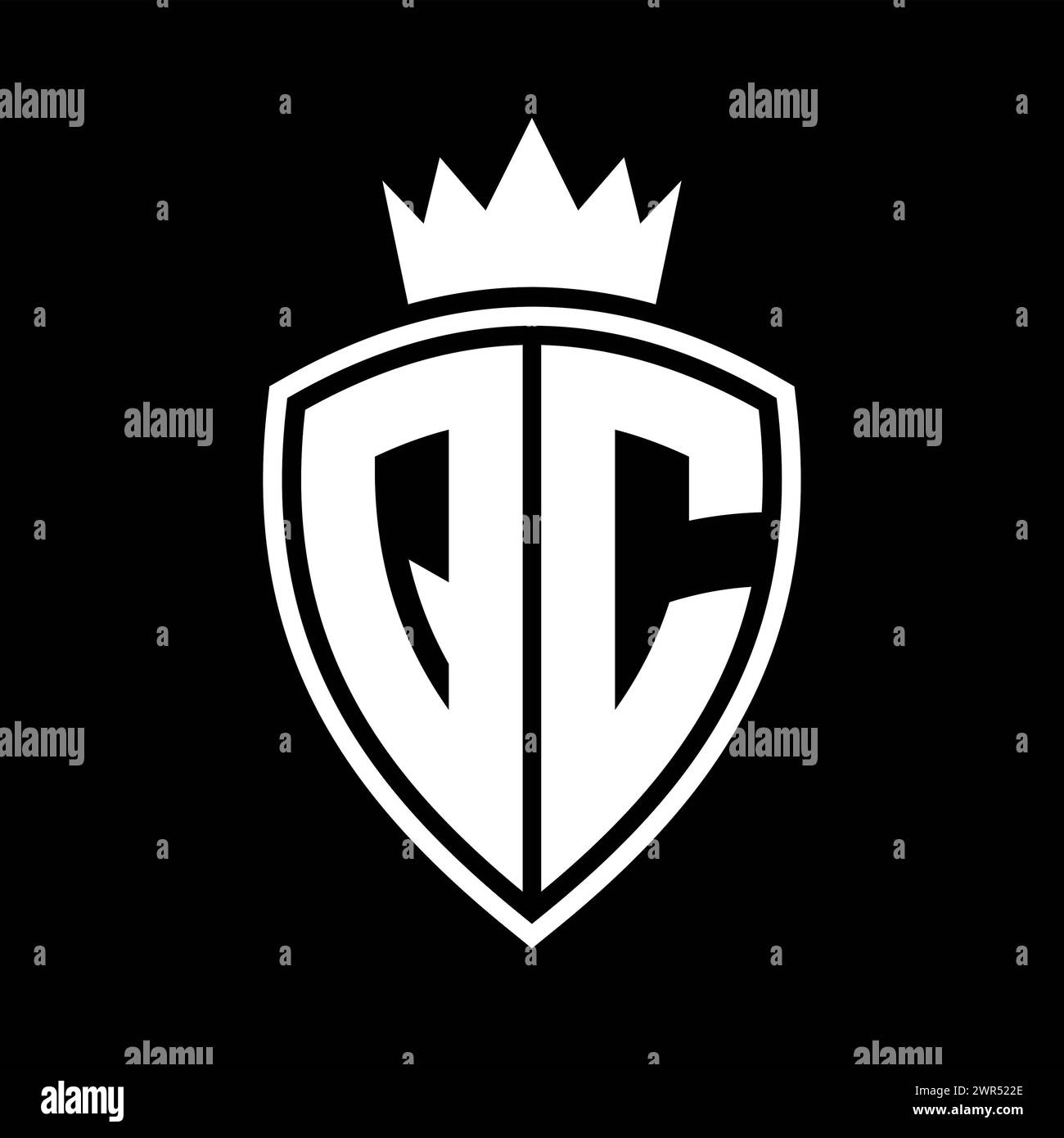 QC Letter bold monogram with shield and crown outline shape with black ...