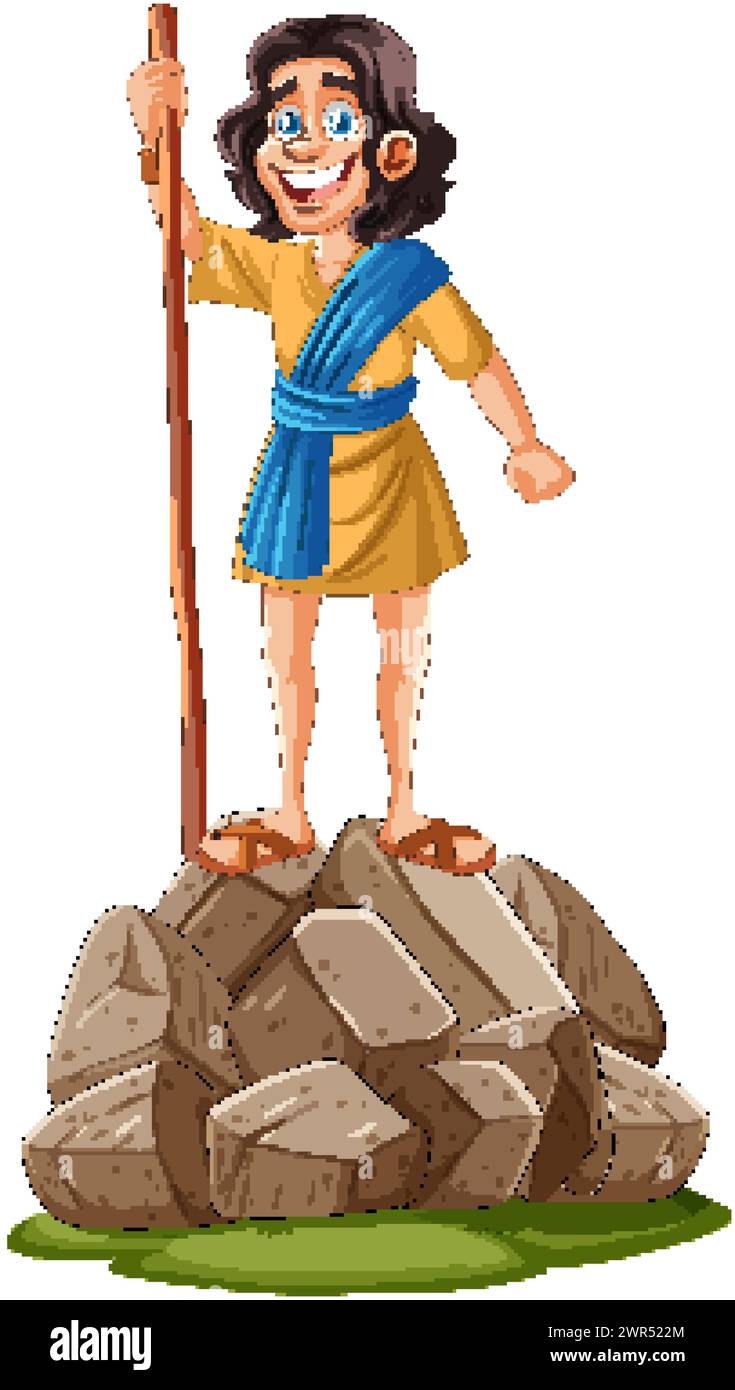 Cartoon shepherd boy standing atop a pile of rocks Stock Vector Image ...