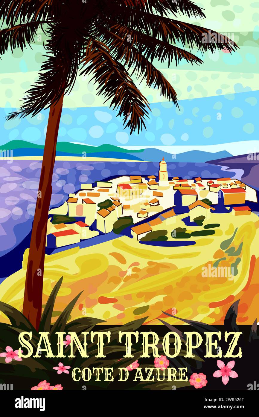 Travel poster Saint Tropez French Cote de l azur coast vintage. Resort, coast, sea Stock Vector ...