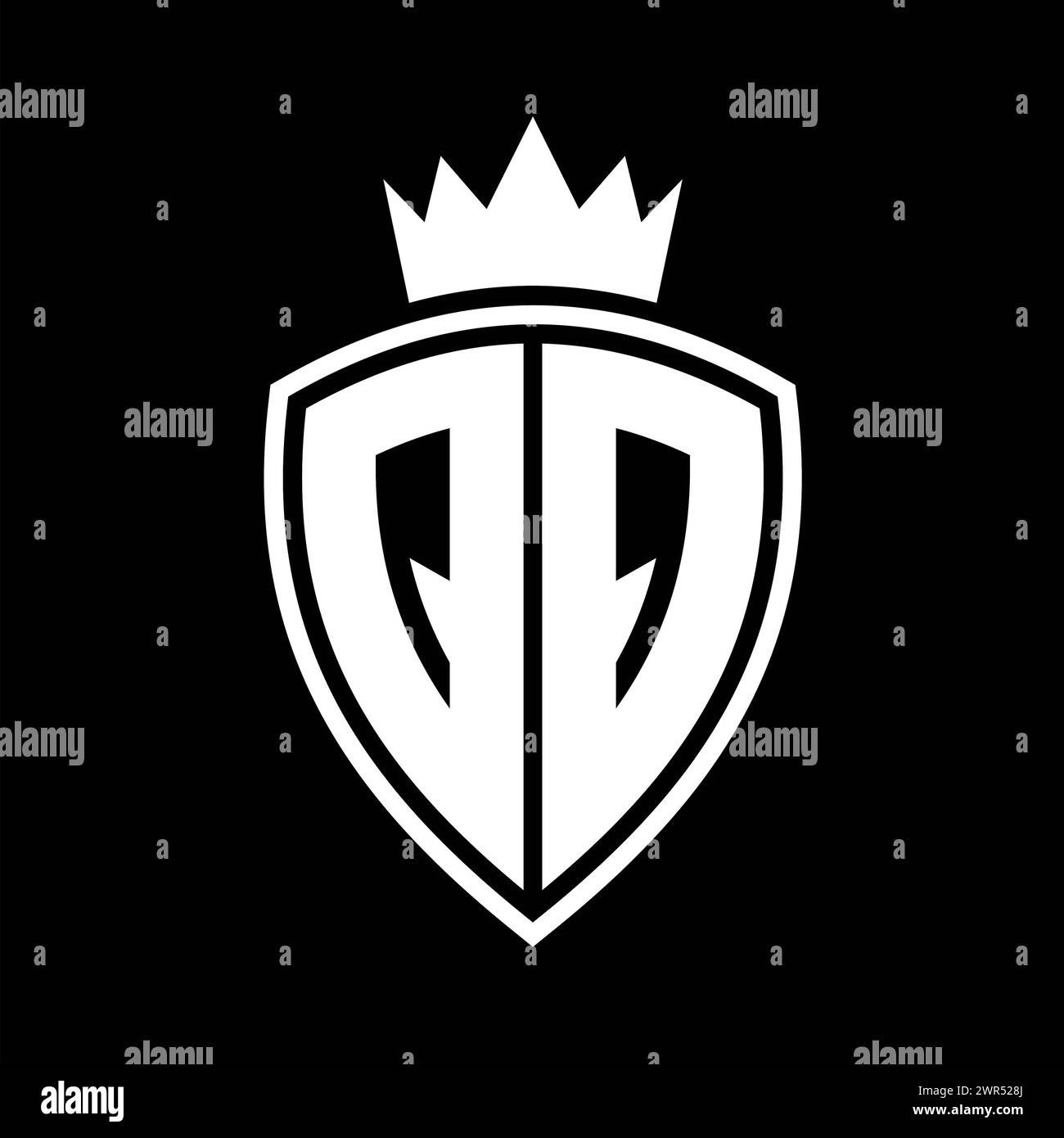QQ Letter bold monogram with shield and crown outline shape with black ...