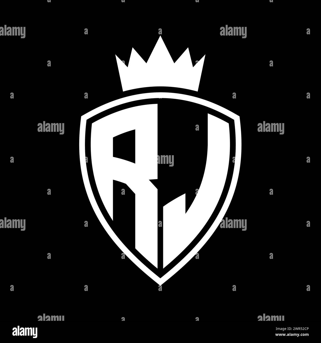 RJ Letter bold monogram with shield and crown outline shape with black ...