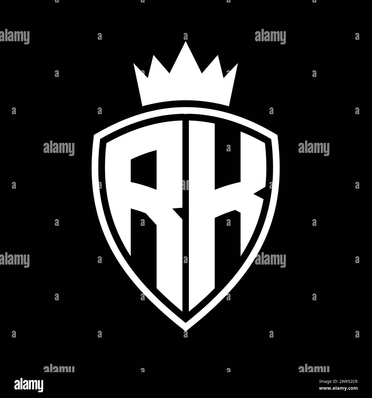 RK Letter bold monogram with shield and crown outline shape with black ...
