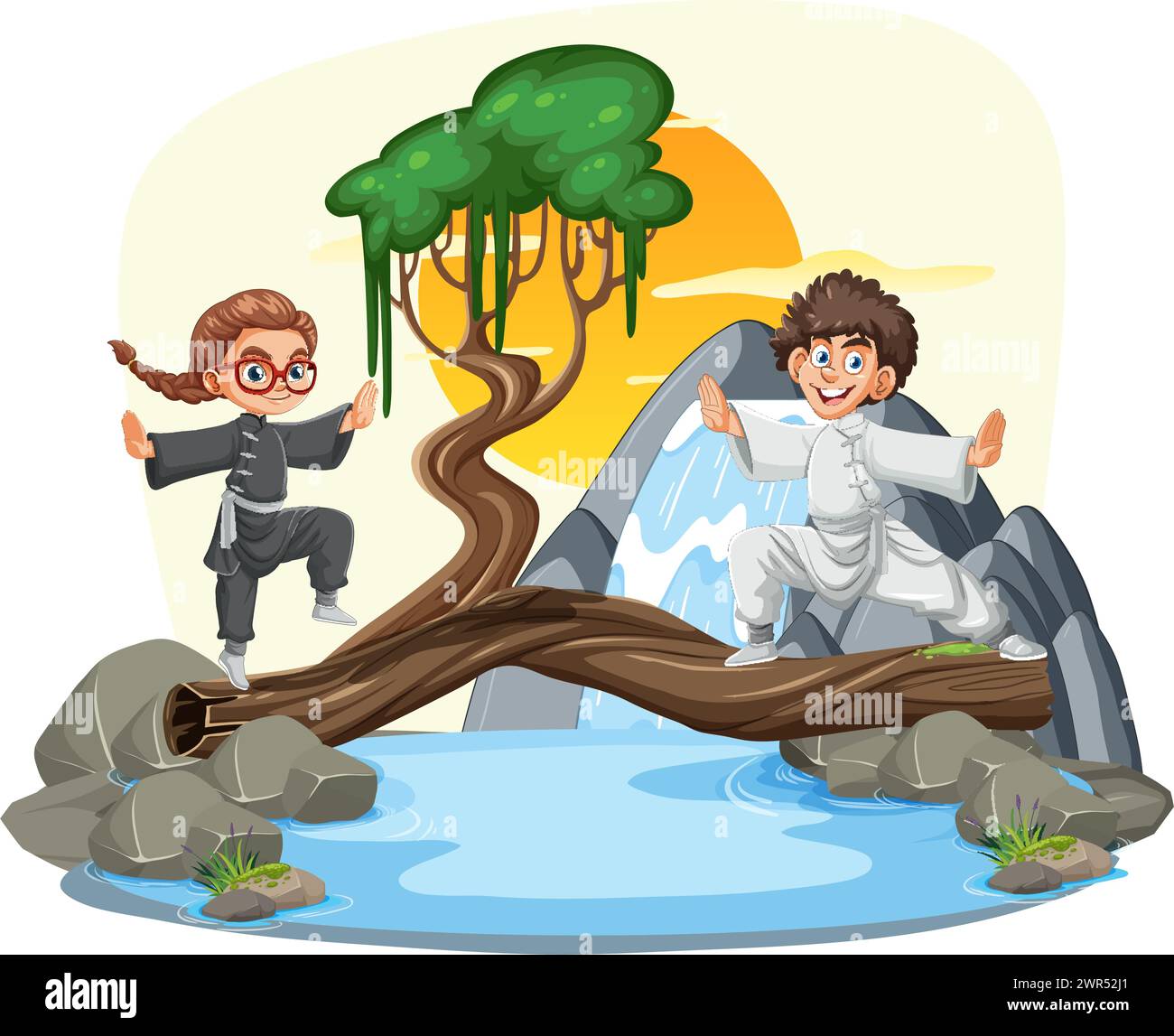 Two happy children balancing on a fallen log Stock Vector Image & Art ...