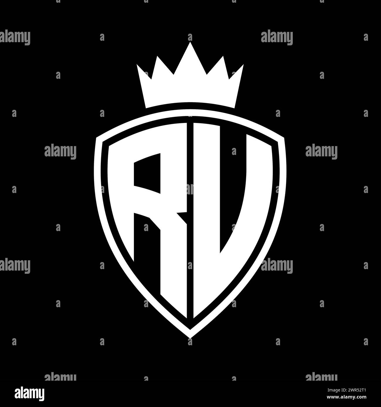 RU Letter bold monogram with shield and crown outline shape with black ...