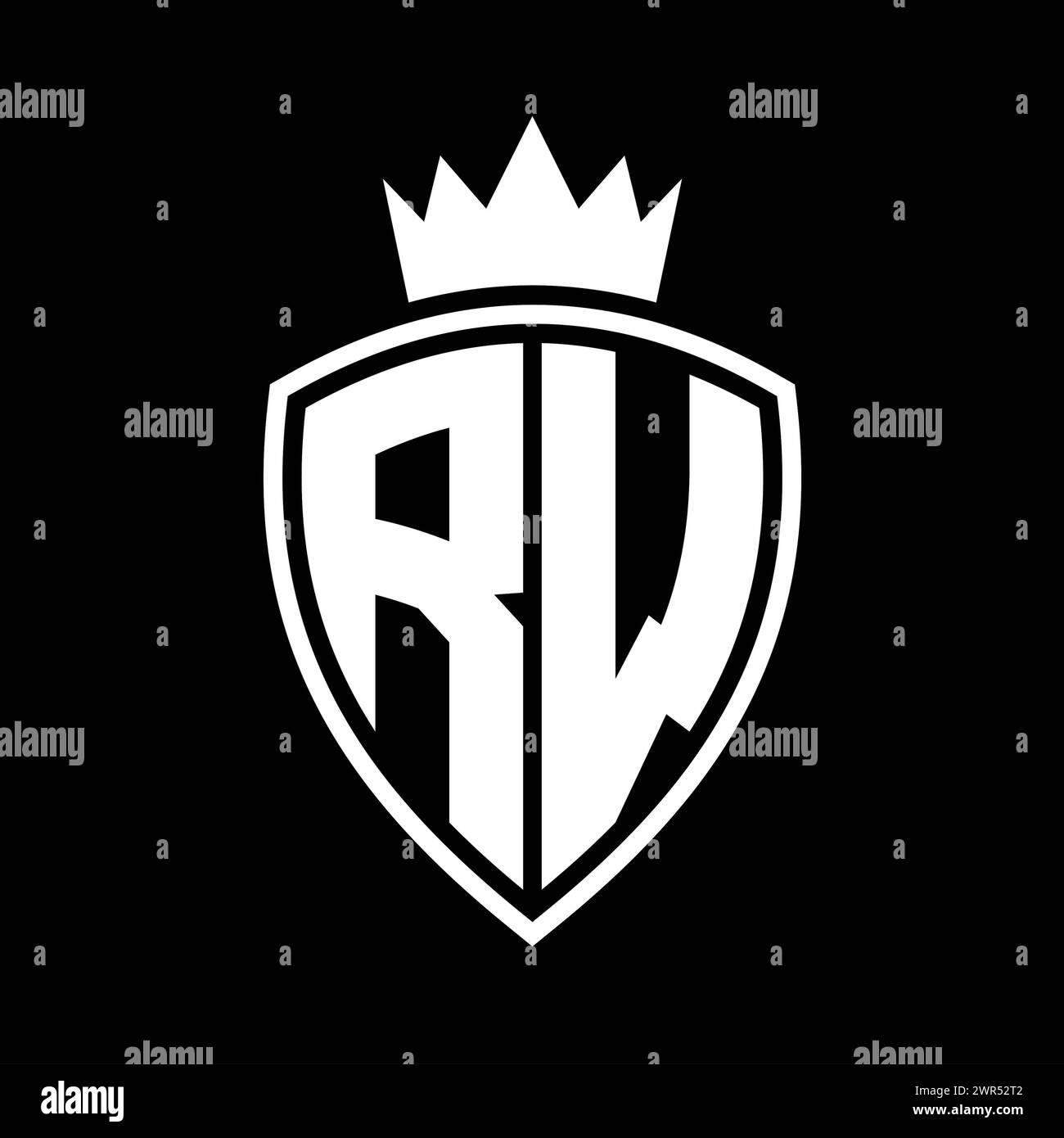 RW Letter bold monogram with shield and crown outline shape with black ...