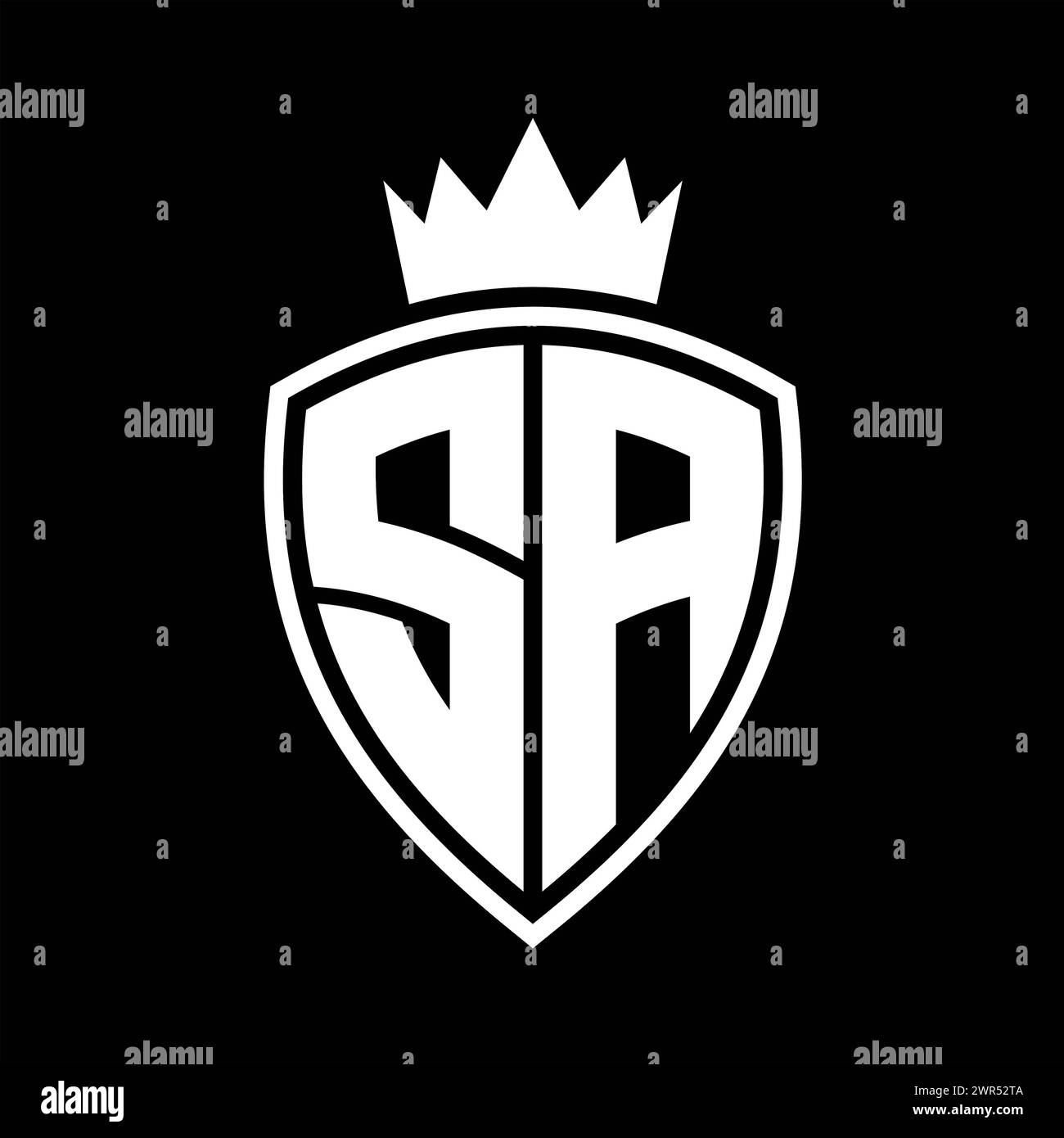 SA Letter bold monogram with shield and crown outline shape with black ...