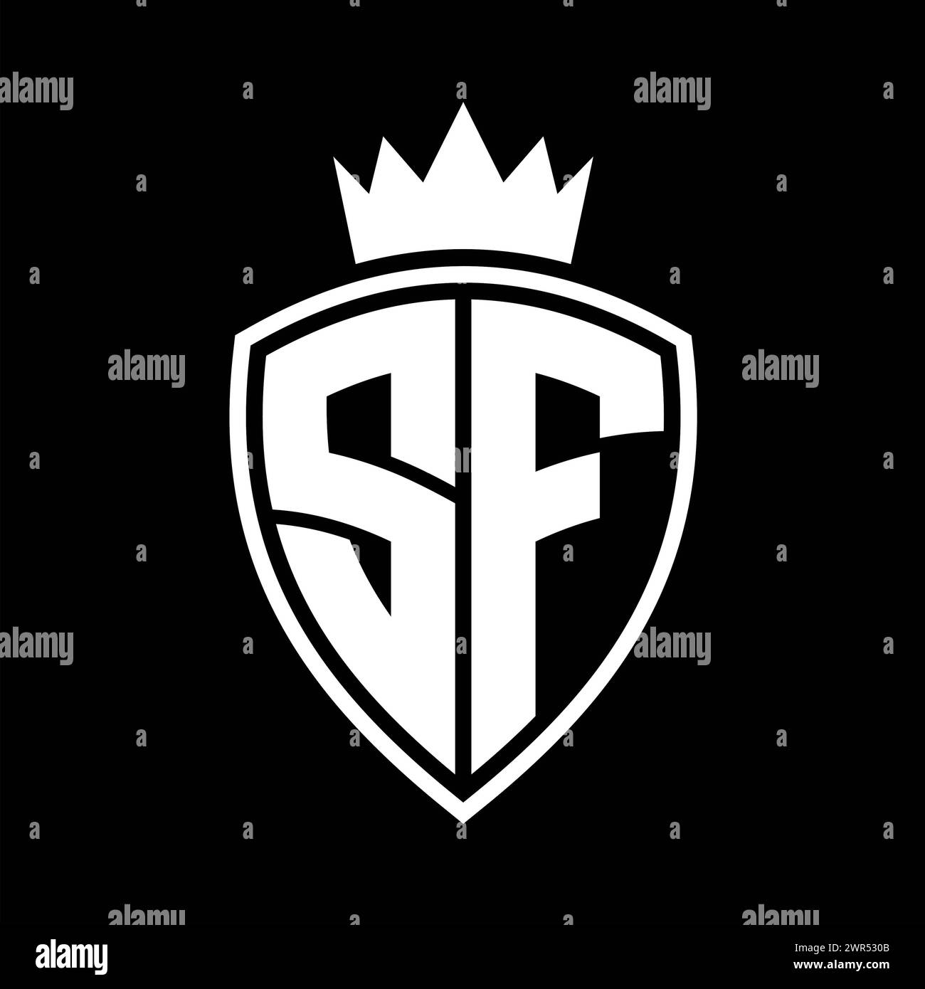 SF Letter bold monogram with shield and crown outline shape with black ...