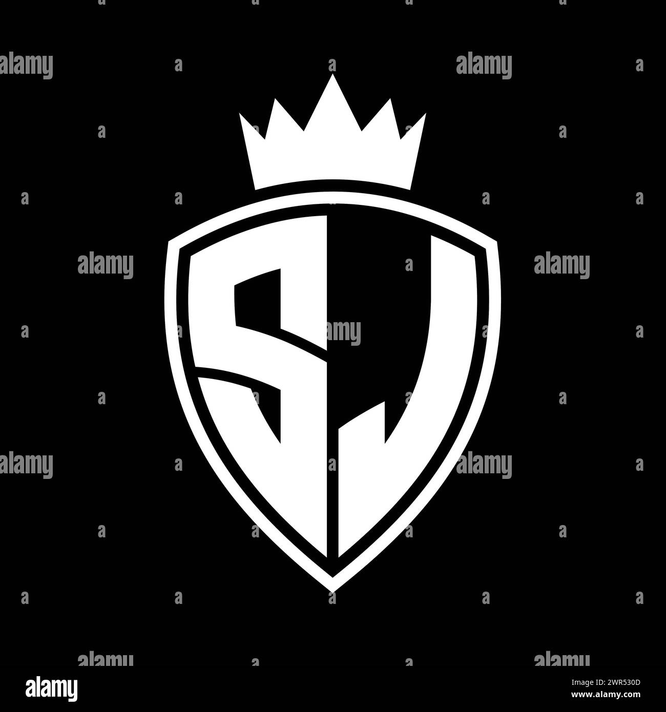 SJ Letter bold monogram with shield and crown outline shape with black ...