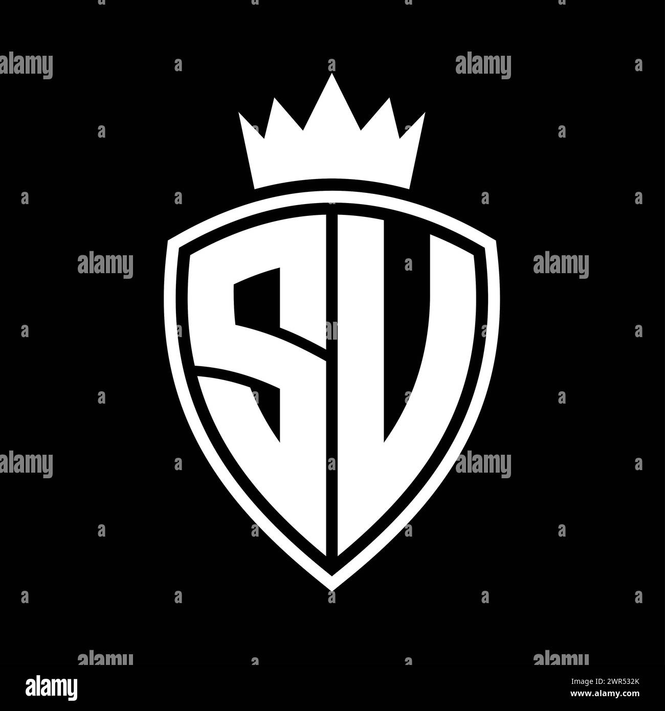 SU Letter bold monogram with shield and crown outline shape with black and white color design ...
