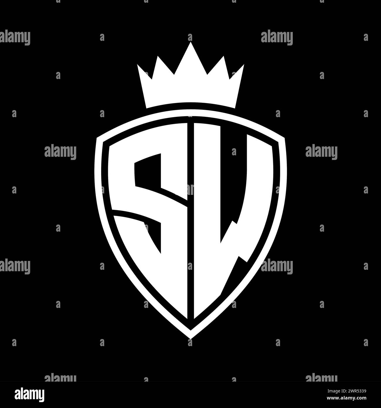 SW Letter bold monogram with shield and crown outline shape with black ...