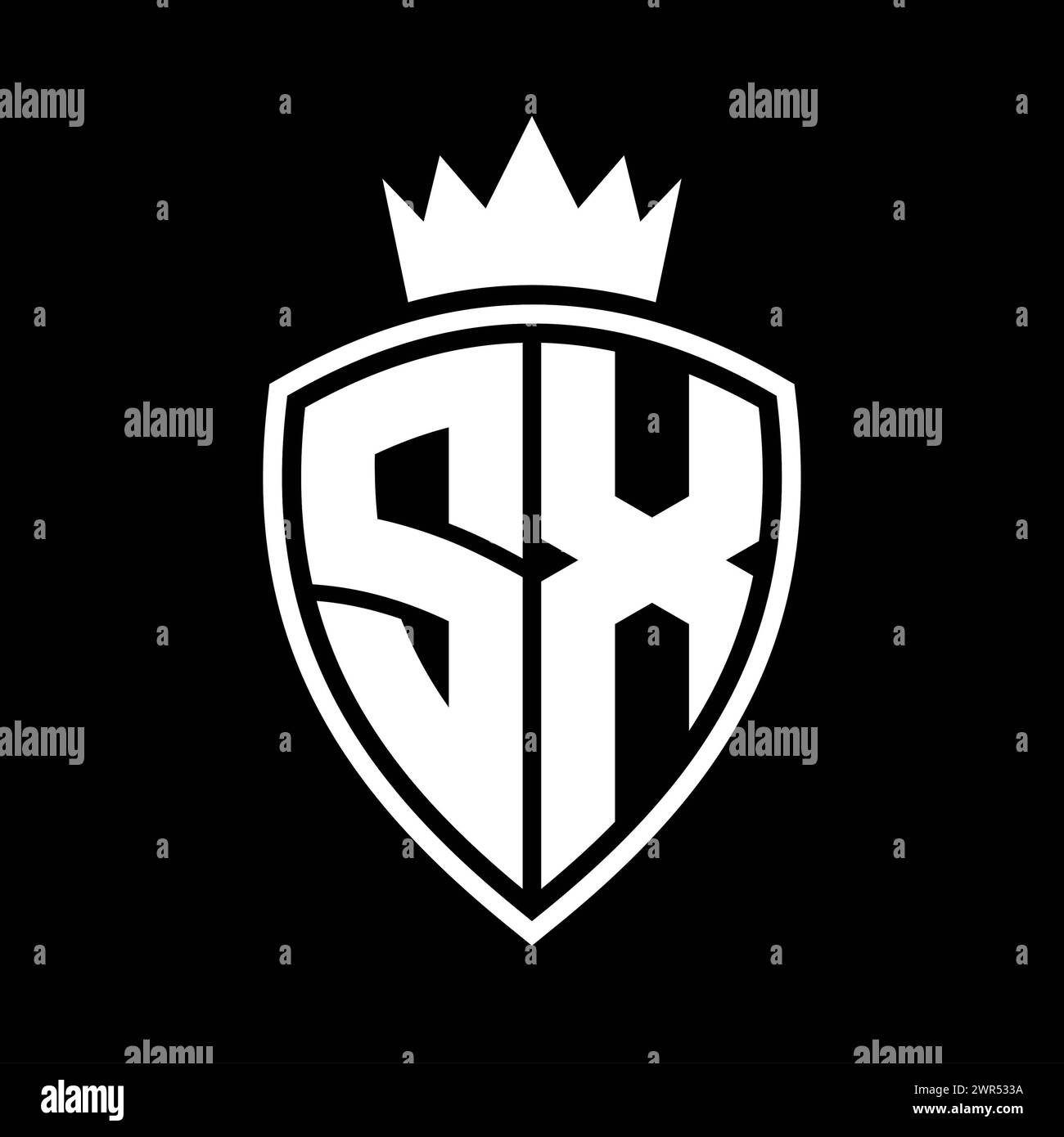 SX Letter bold monogram with shield and crown outline shape with black ...