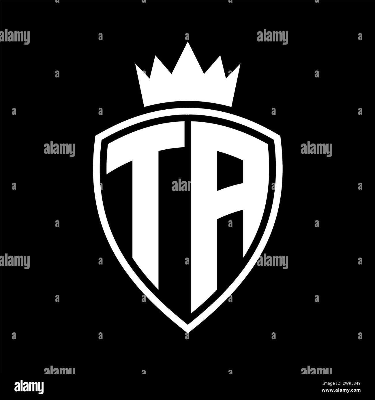 TA Letter bold monogram with shield and crown outline shape with black and white color design ...