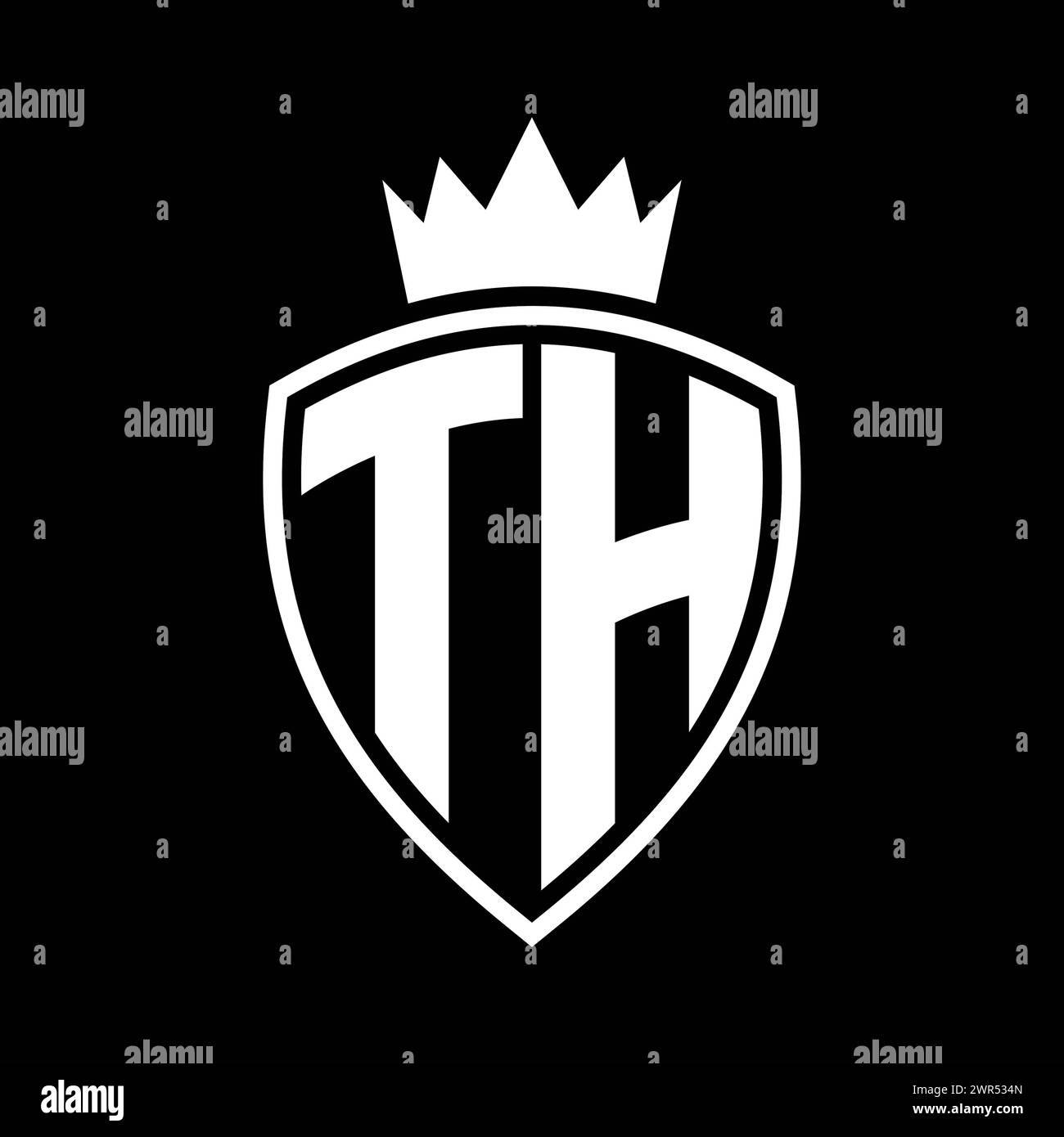 TH Letter bold monogram with shield and crown outline shape with black ...
