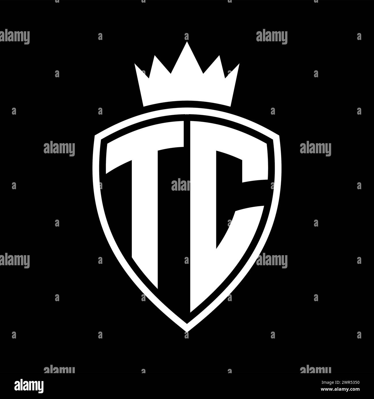 TC Letter bold monogram with shield and crown outline shape with black and white color design ...