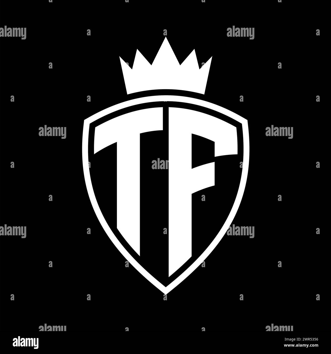 TF Letter bold monogram with shield and crown outline shape with black and white color design ...