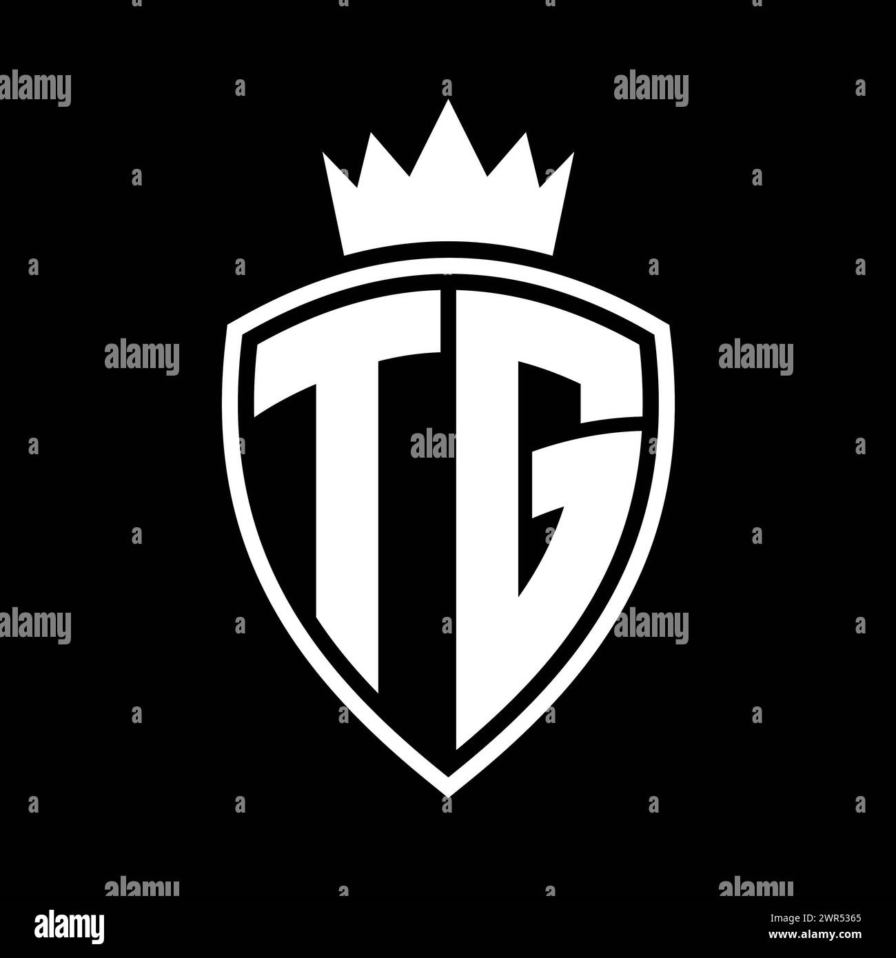 TG Letter bold monogram with shield and crown outline shape with black ...