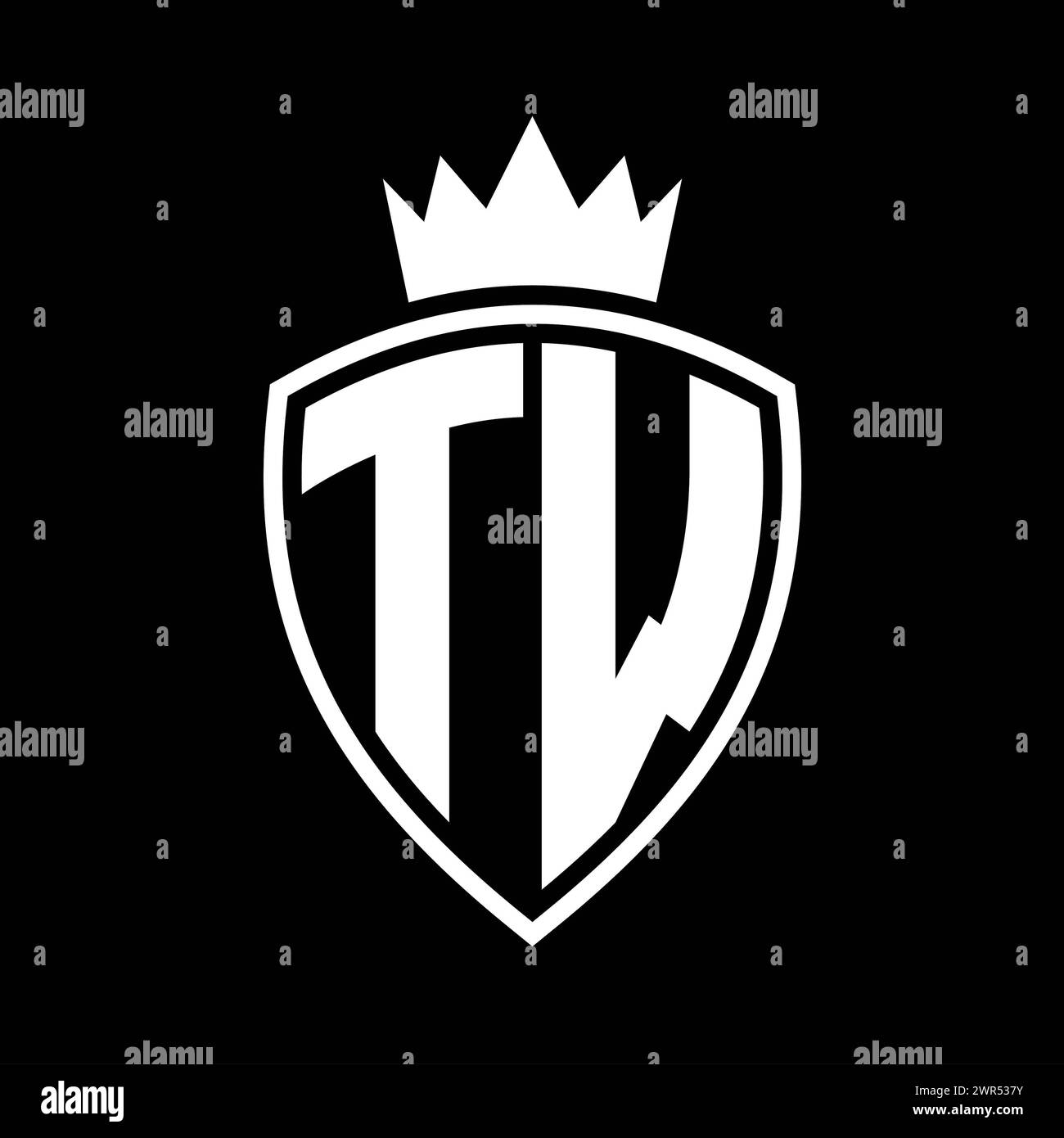 TW Letter bold monogram with shield and crown outline shape with black and white color design ...