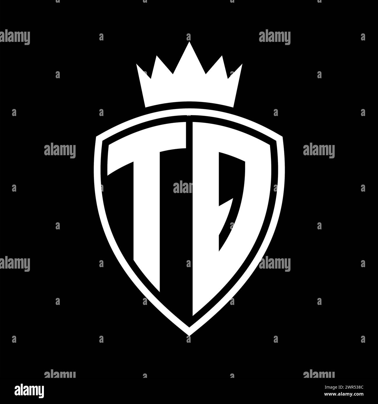 TQ Letter bold monogram with shield and crown outline shape with black and white color design ...