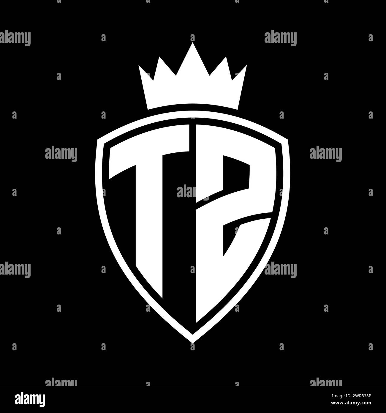 TZ Letter bold monogram with shield and crown outline shape with black and white color design ...