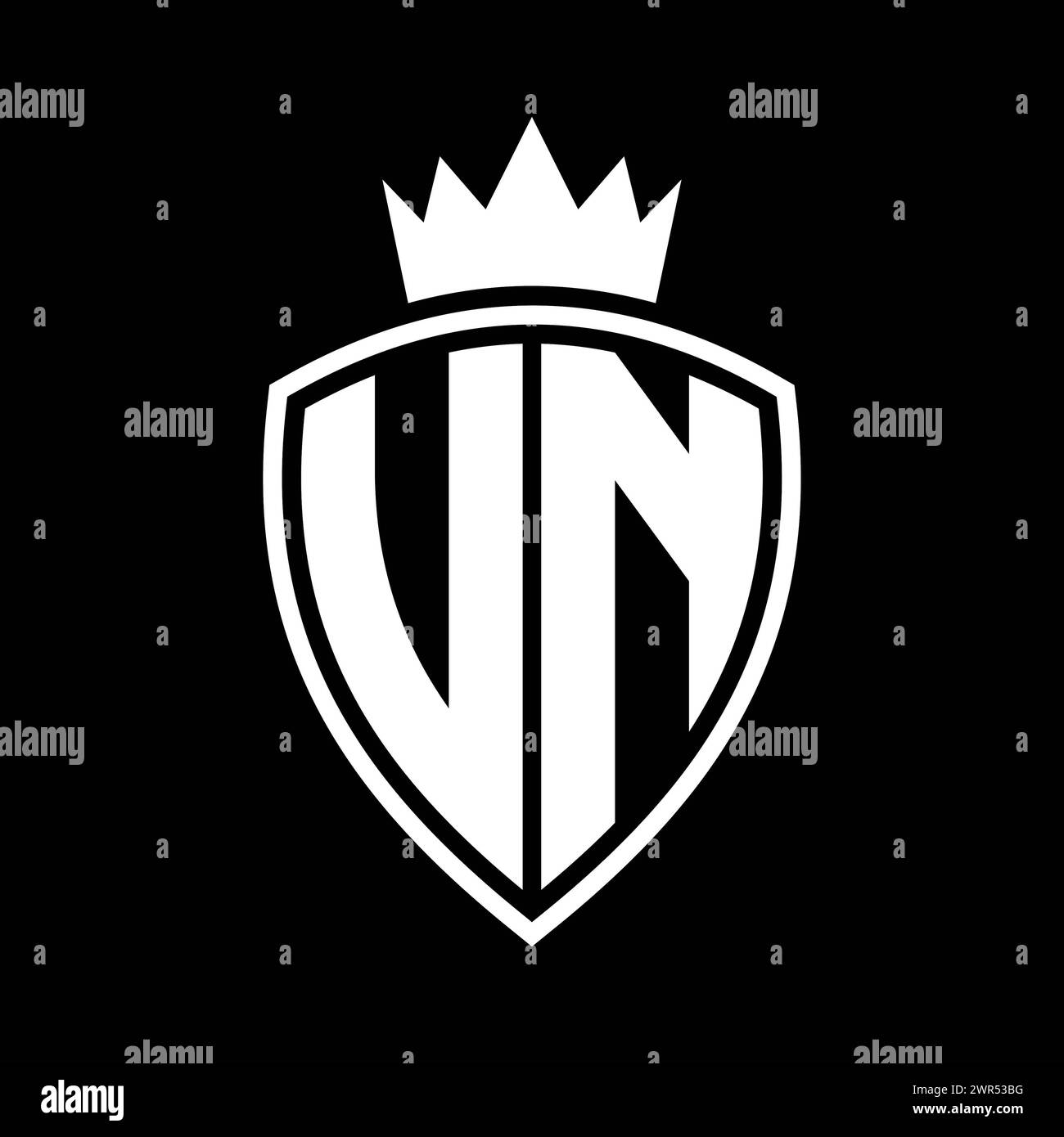 UN Letter bold monogram with shield and crown outline shape with black and white color design ...