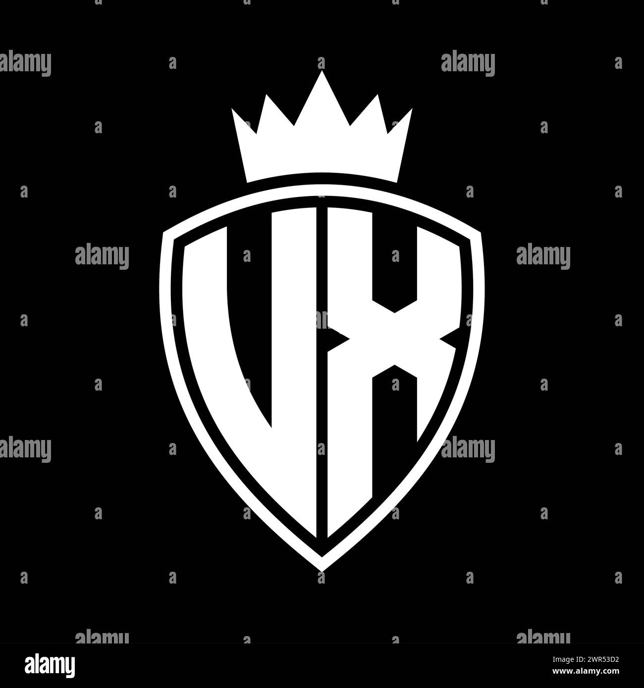 UX Letter bold monogram with shield and crown outline shape with black and white color design ...