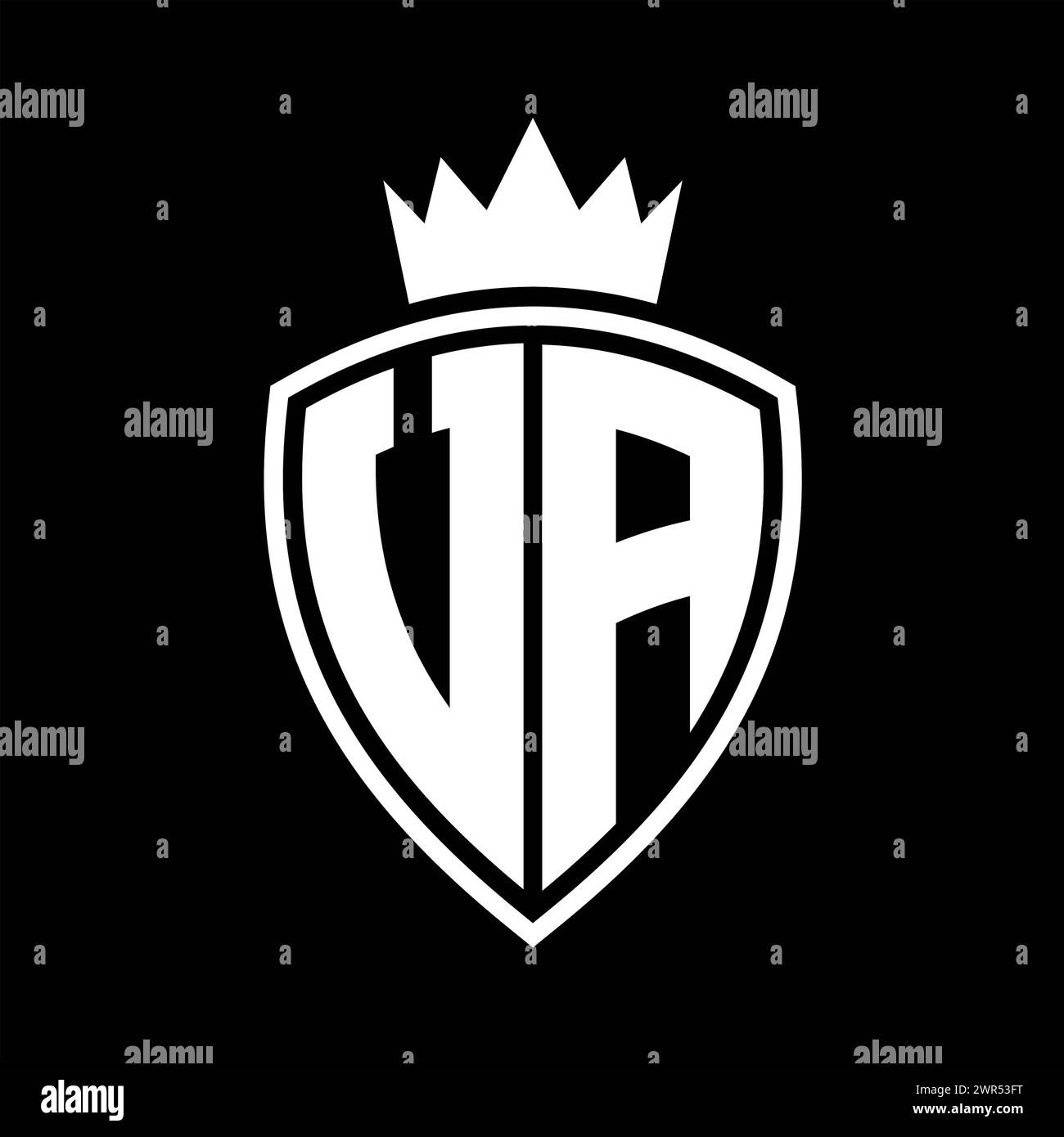 VA Letter bold monogram with shield and crown outline shape with black and white color design ...