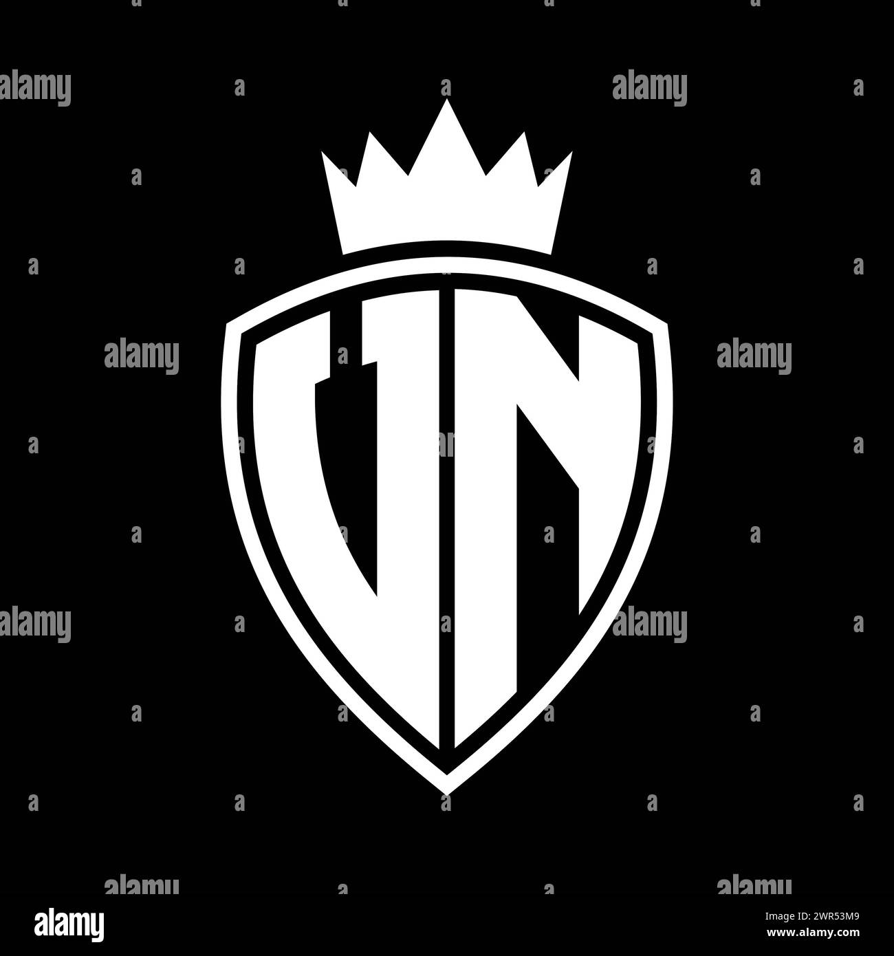 VN Letter bold monogram with shield and crown outline shape with black ...