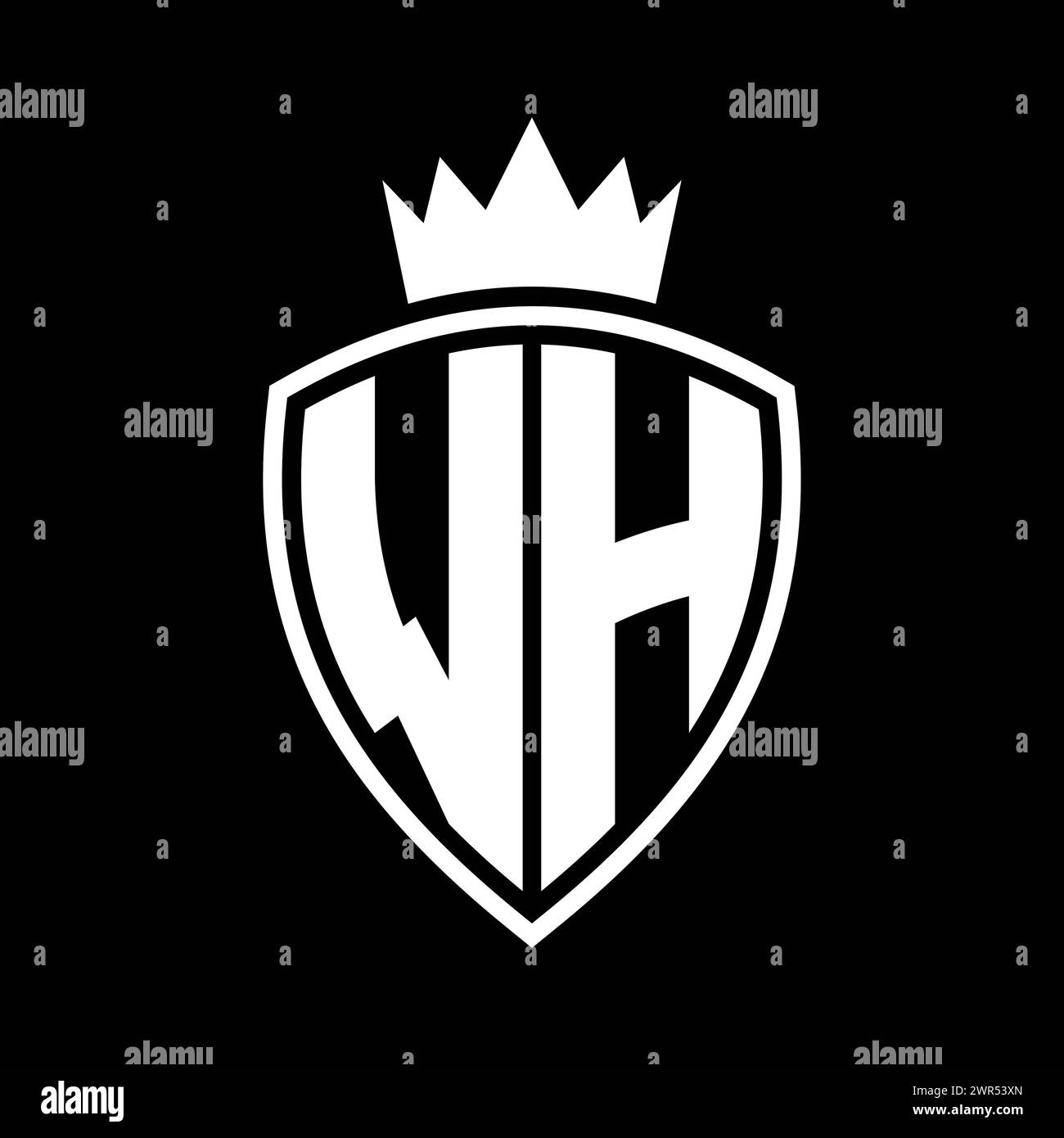 WH Letter bold monogram with shield and crown outline shape with black ...