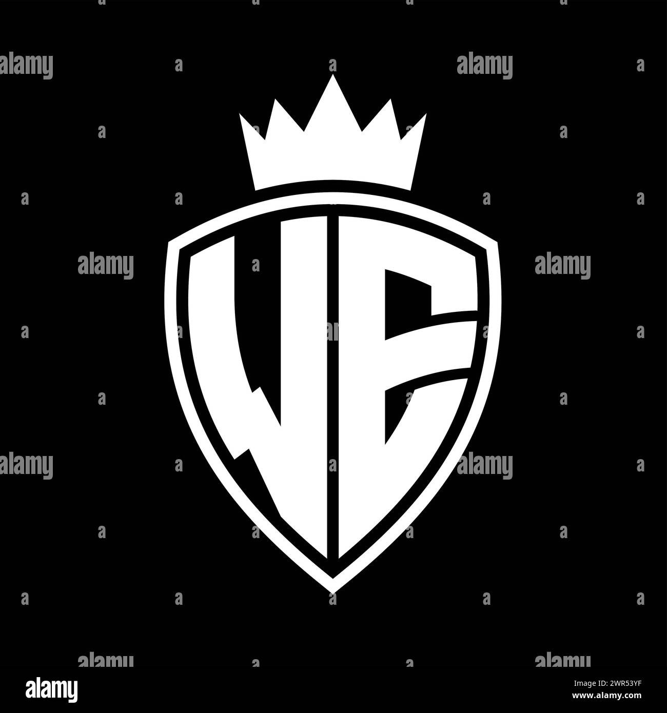 WE Letter bold monogram with shield and crown outline shape with black ...