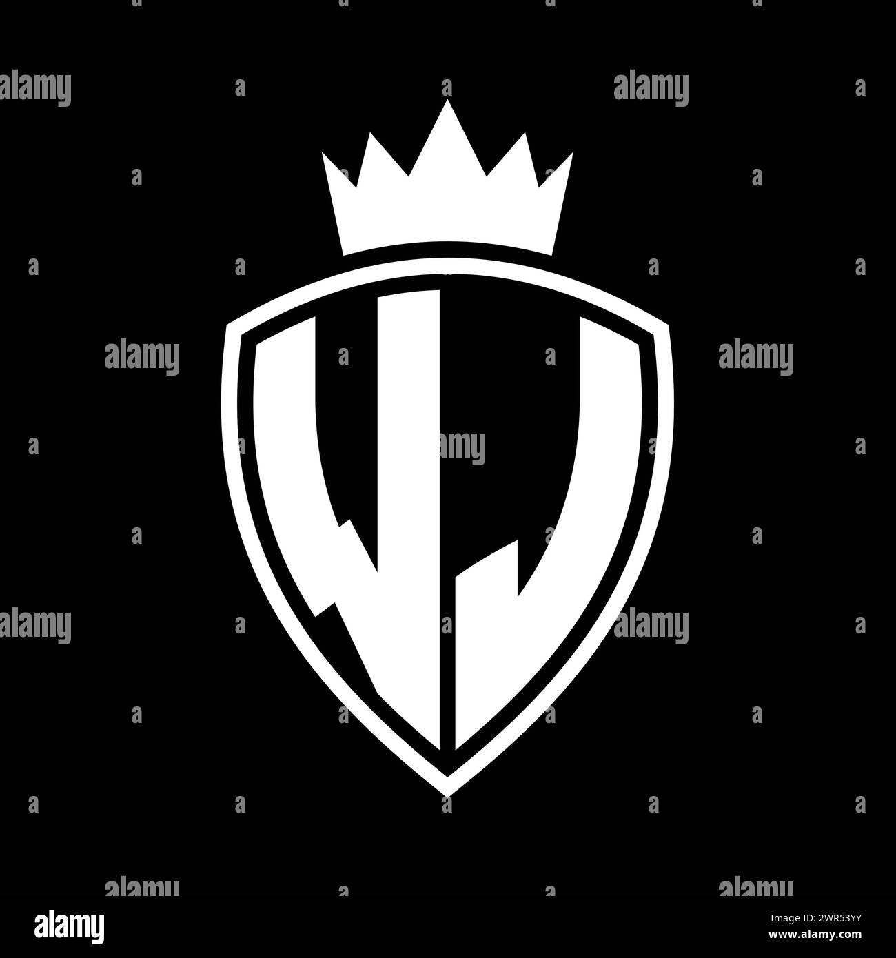 WJ Letter bold monogram with shield and crown outline shape with black ...