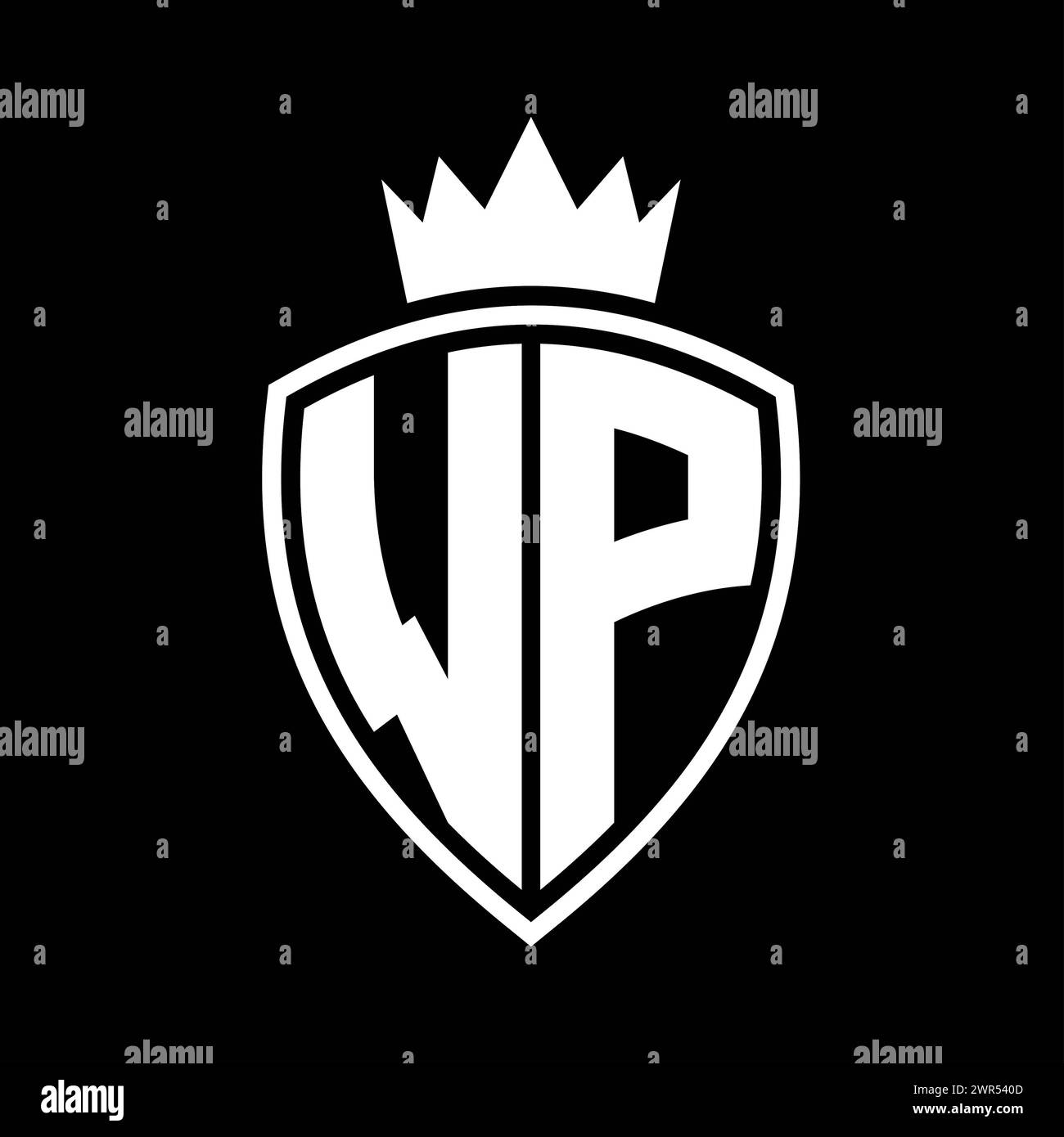WP Letter bold monogram with shield and crown outline shape with black ...