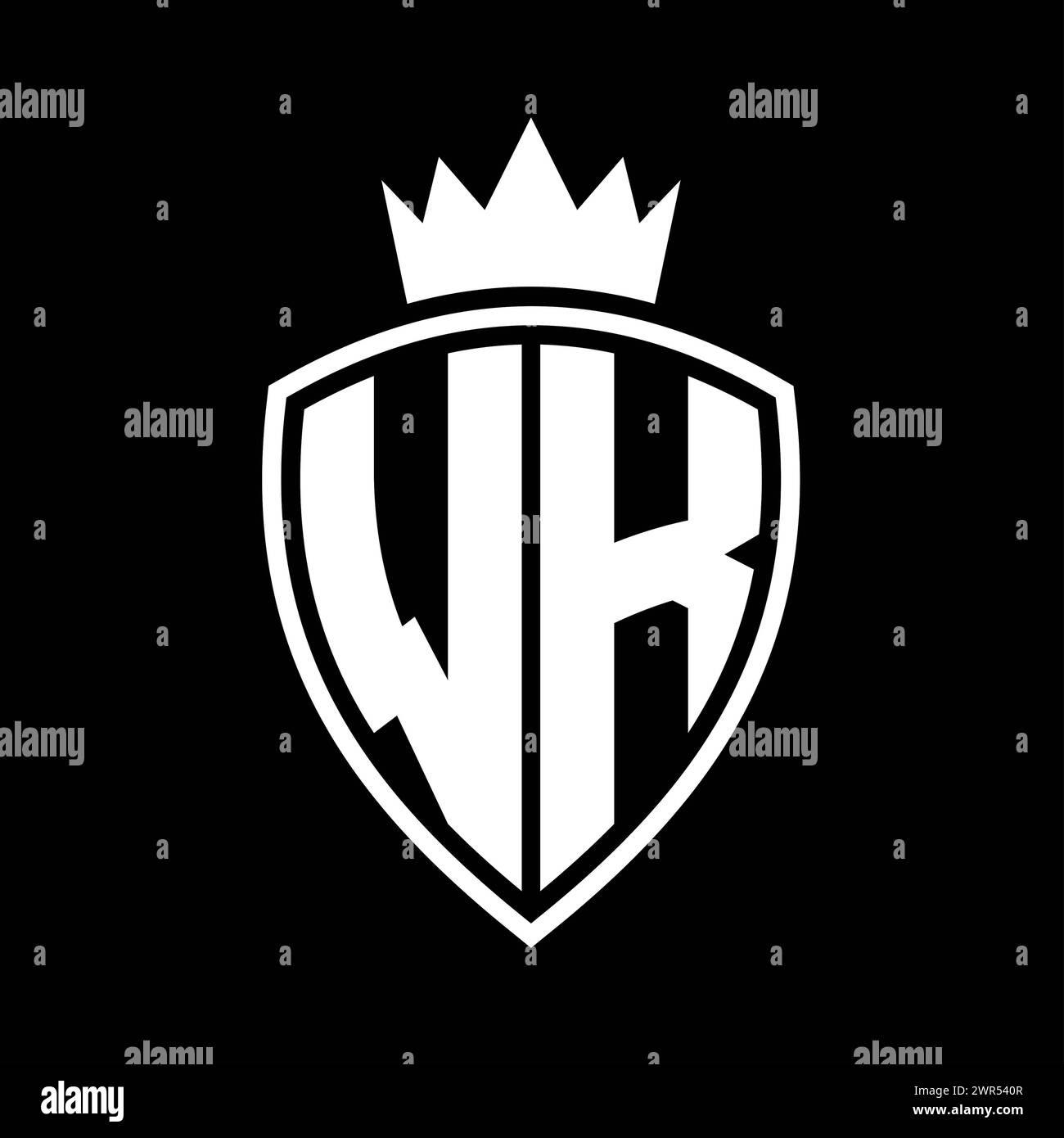 WK Letter bold monogram with shield and crown outline shape with black ...
