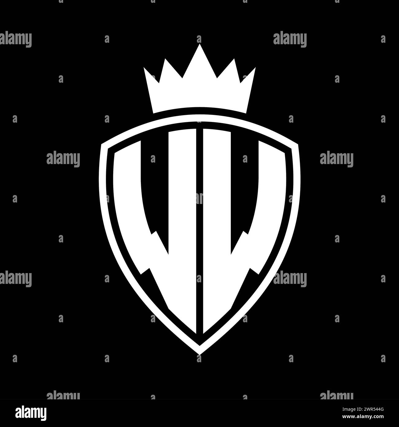 WW Letter bold monogram with shield and crown outline shape with black ...