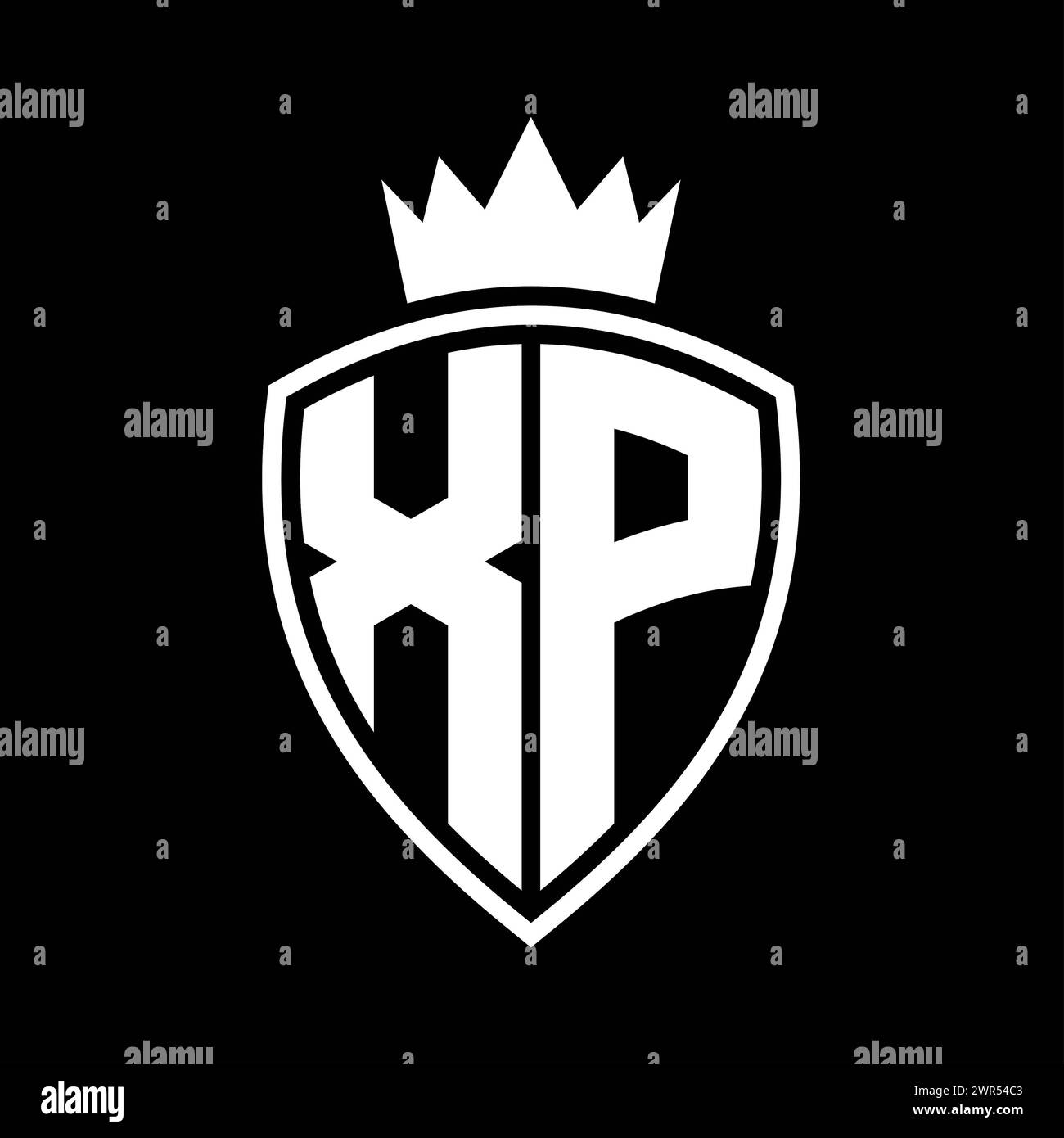 XP Letter bold monogram with shield and crown outline shape with black ...