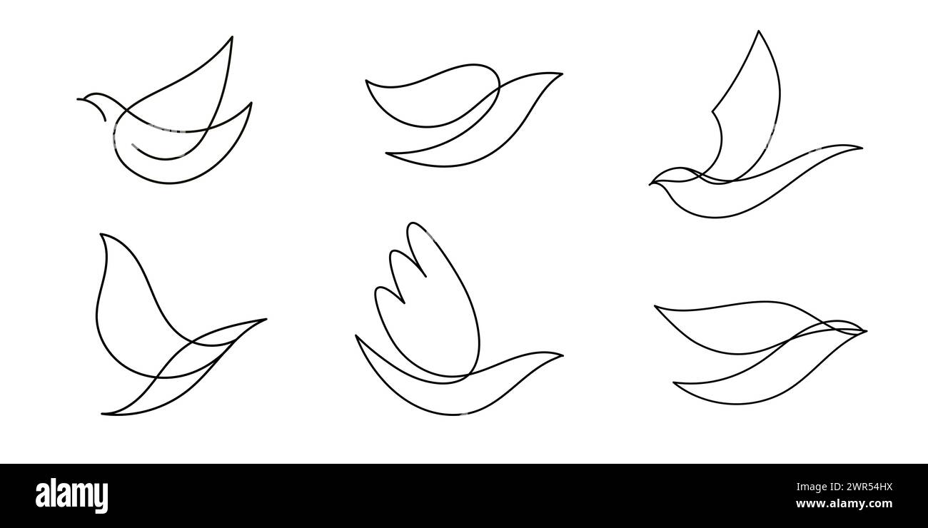 Vector set of monoline, line hand drawn bird logos. Flying dove, pigeon freedom illustrations ...