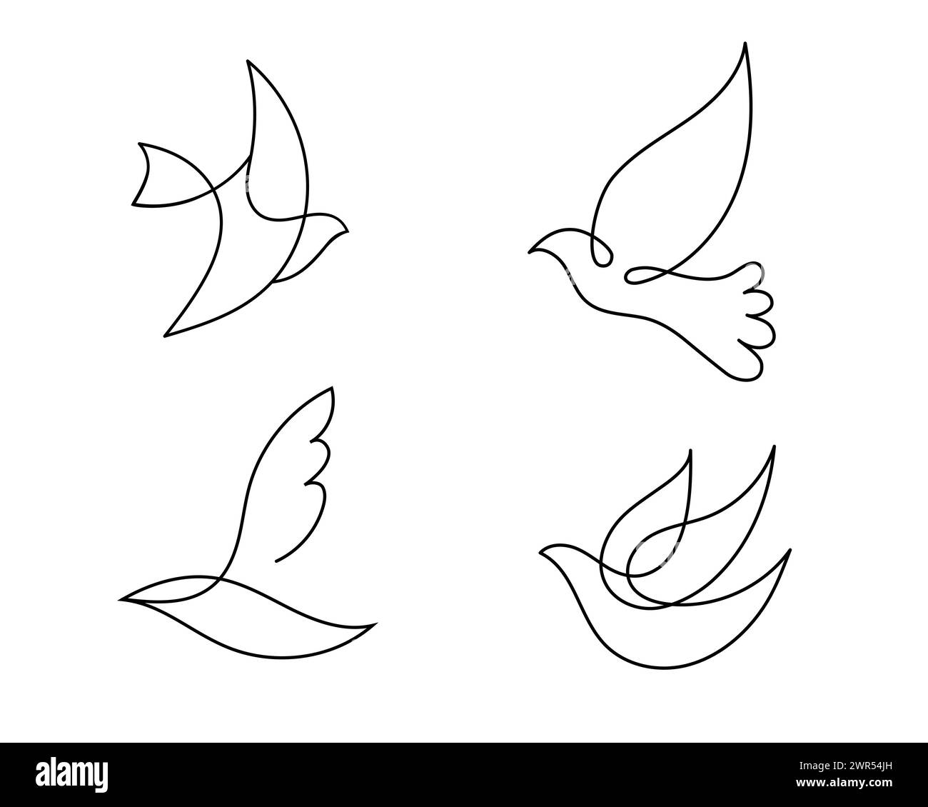 Vector set of monoline, line hand drawn bird logos. Flying dove, pigeon freedom illustrations ...