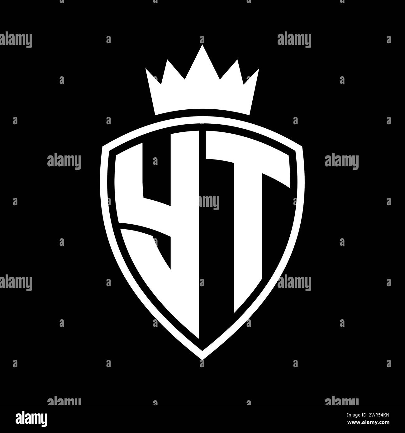 YT Letter bold monogram with shield and crown outline shape with black and white color design ...