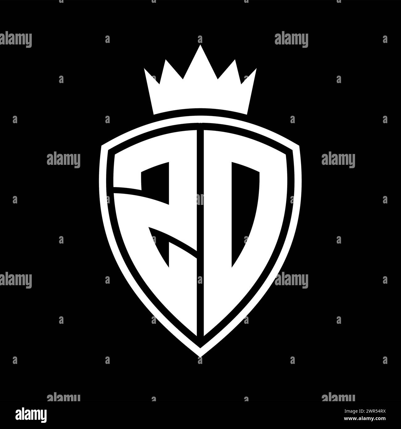 ZD Letter bold monogram with shield and crown outline shape with black and white color design ...